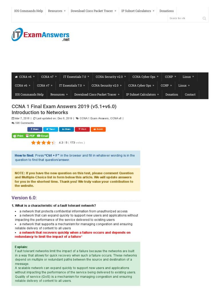 CCNA 1 Final Exam Answers 2019 (v5.1+v6.0) Introduction To Networks | PDF | Computer Network ...