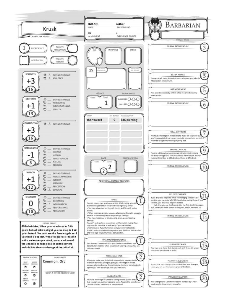 456029-Class Character Sheet Barbarian V1.1 Fillable PDF | PDF