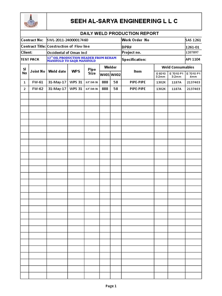 Daily Welding Reports for the Construction of an Oil Production Header ...