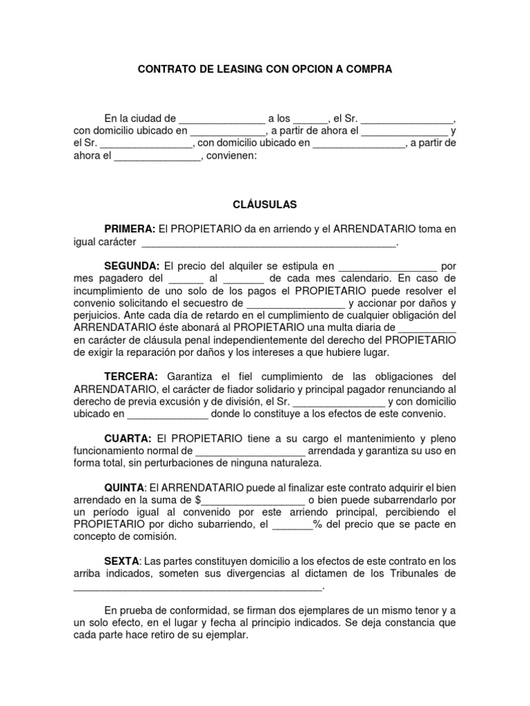 35 - Contrato de Leasing Con Opcion A Compra | PDF | Arrendamiento ...