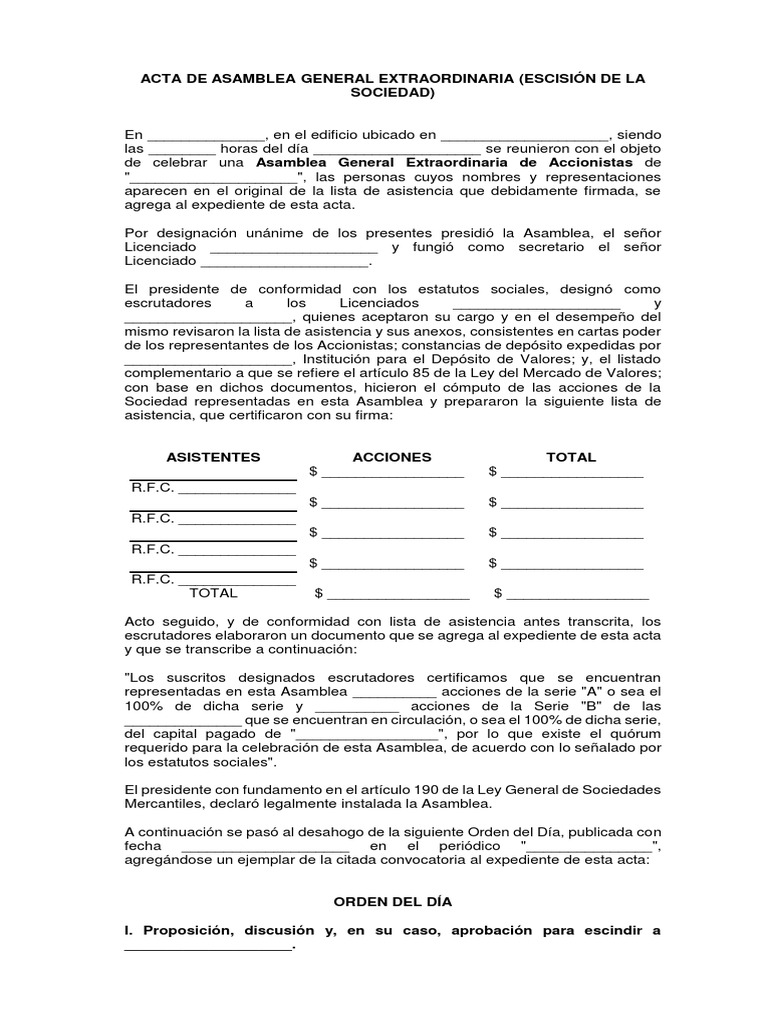30 - Acta de Asamblea General Extraordinaria (Escisión de La Sociedad) | PDF | Compartir ...