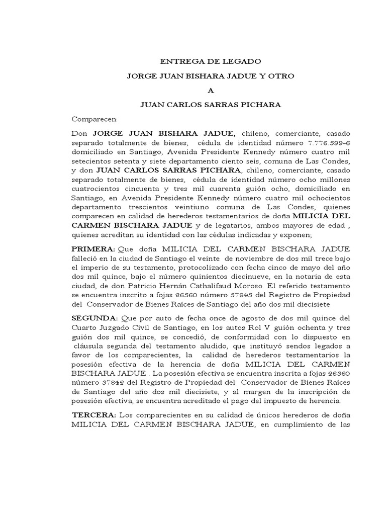 ESCRITURA PÚBLICA DE ENTREGA DE LEGADO JC | PDF | Herencia | Propiedad