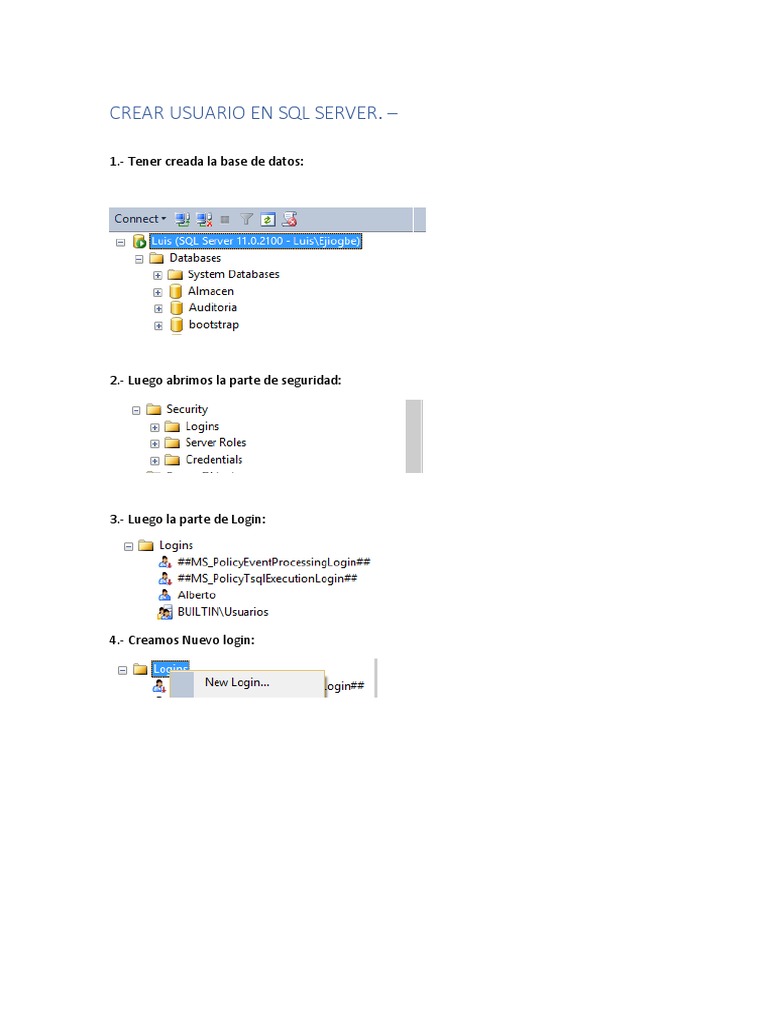 Paso a paso para crear un usuario en SQL Server y asignarle permisos | PDF