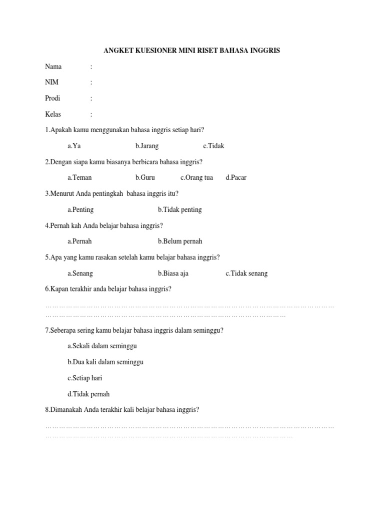 Angket Kuesioner Mini Riset Bahasa Inggris | PDF
