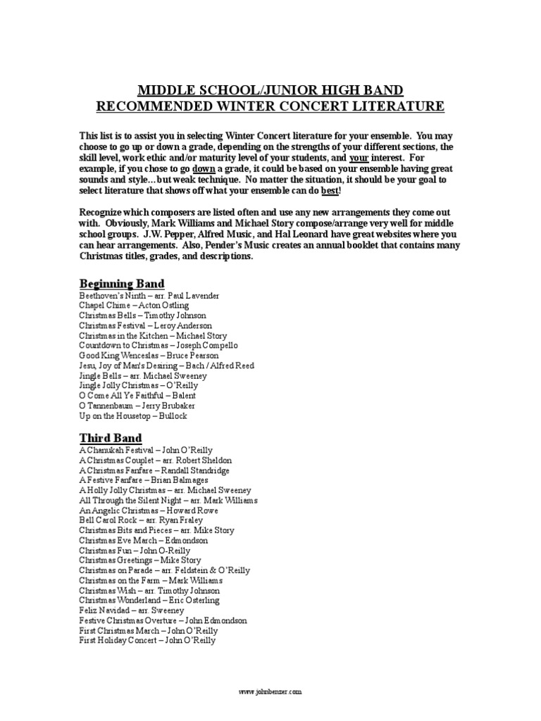 Middle School Junior High Band Recommended Winter Concert Literature ...