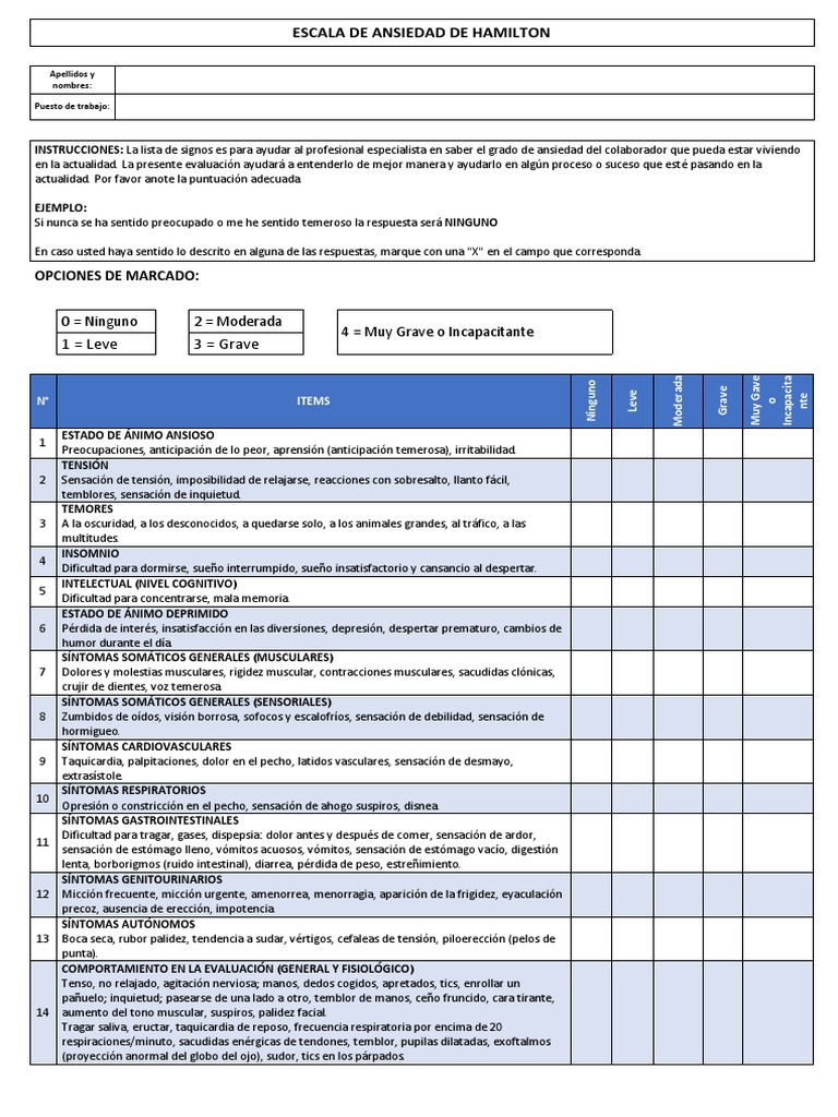Escala de Hamilton - Ansiedad | PDF | Ansiedad | Estado de ánimo ...