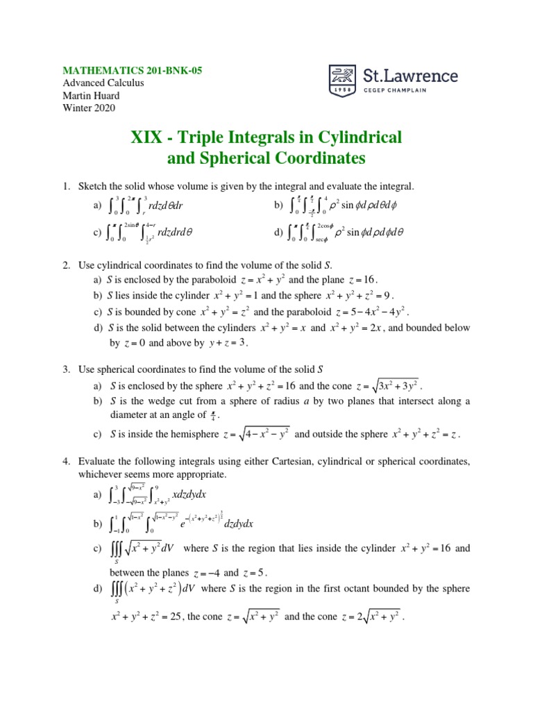 XIX - Triple Integrals in Cylindrical and Spherical Coordinates | PDF ...