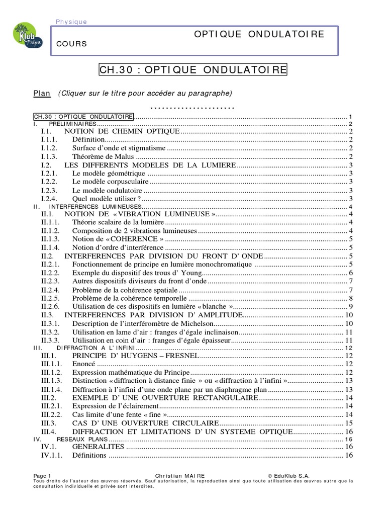Cours d'Optique Ondulatoire S4 | PDF | Lumière | Diffraction
