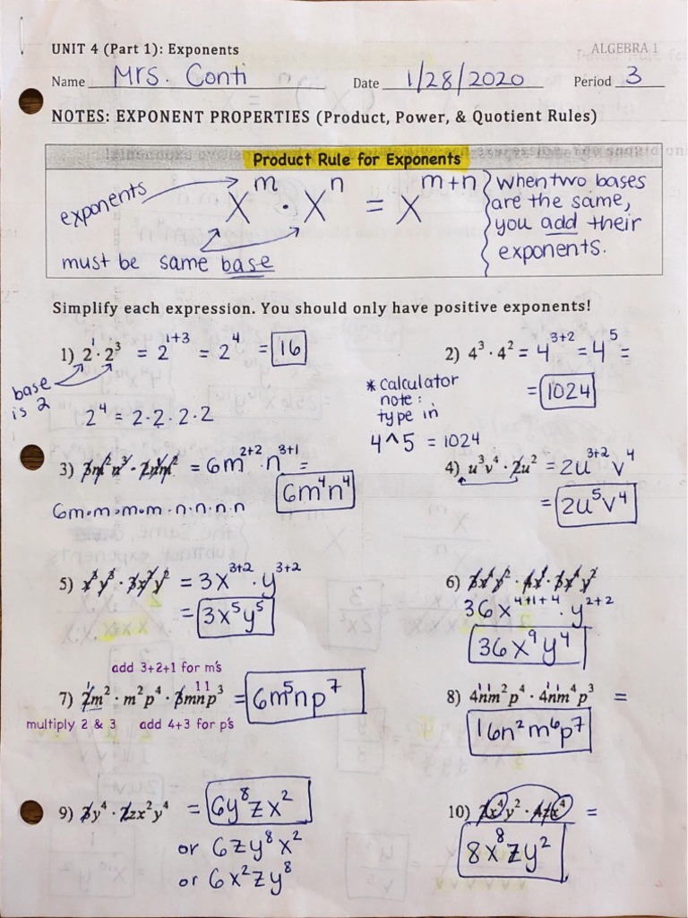 Exponent Properties Notes | PDF