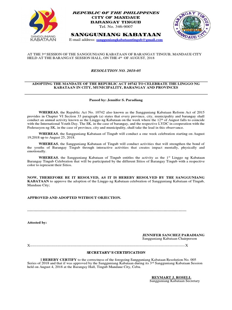 Resolution No. 5 (Linggo Barangay) | PDF | Local Government | Youth ...