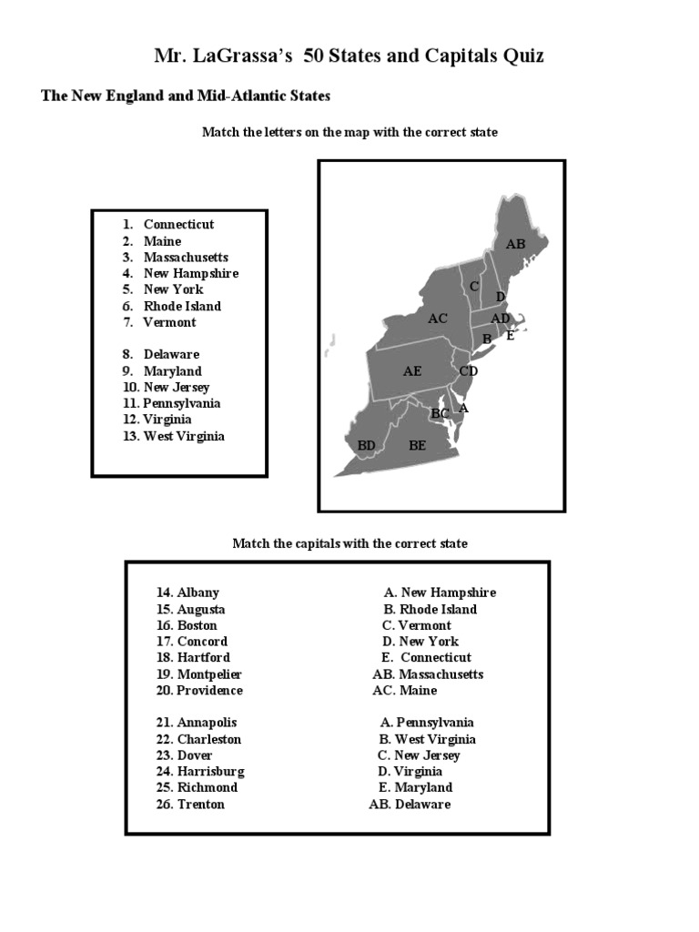 50 State and Capitals Quiz | PDF | Southeastern United States ...