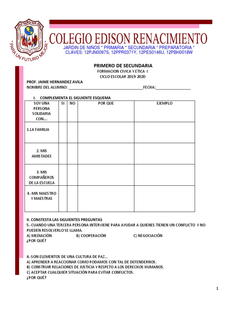 Primero De Secundaria 2019 Formacion Civica Y Etica I Examen Febrero