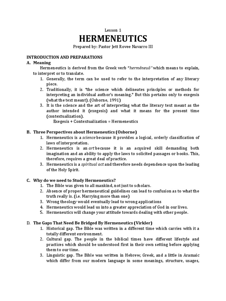 Lesson 1 Introduction To Hermeneutics | PDF | Hermeneutics | Exegesis