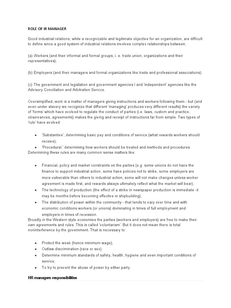 Role of Ir Manager | PDF | Employment | Industrial Relations