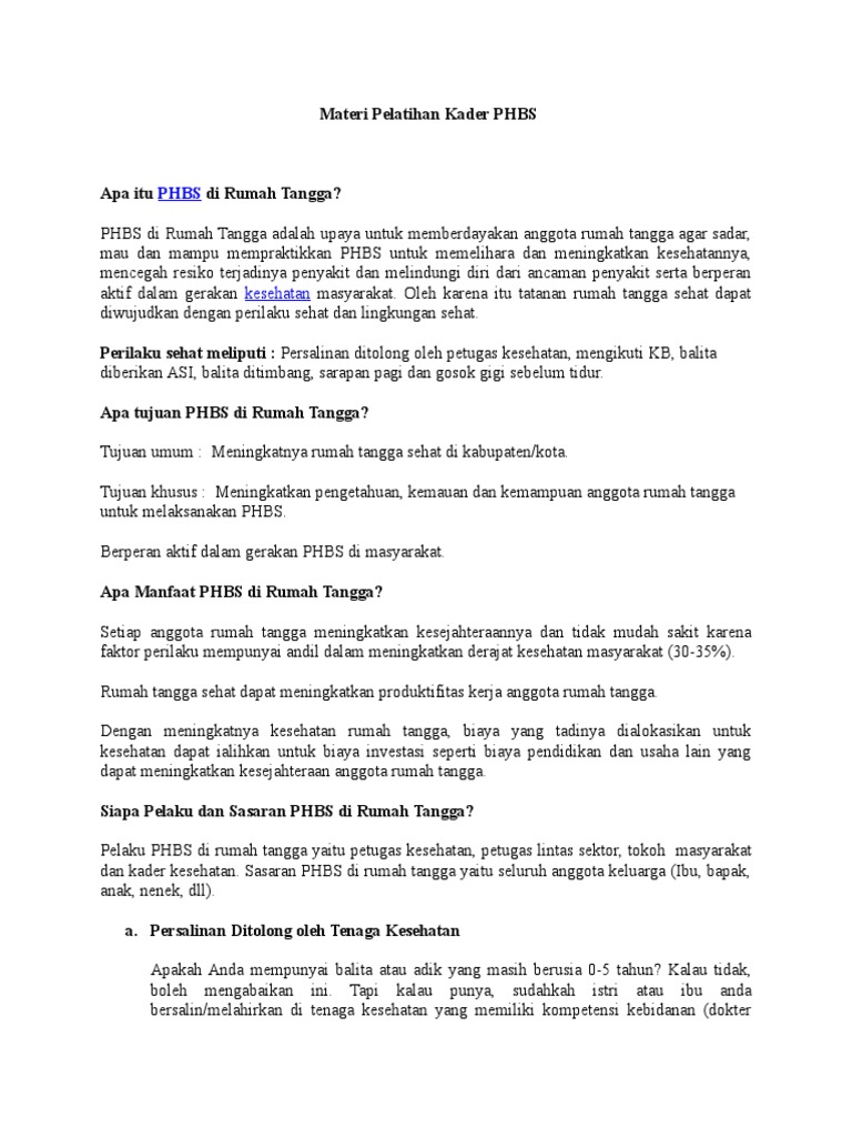 Materi Pelatihan Kader PHBS | PDF | Kesehatan Holistik