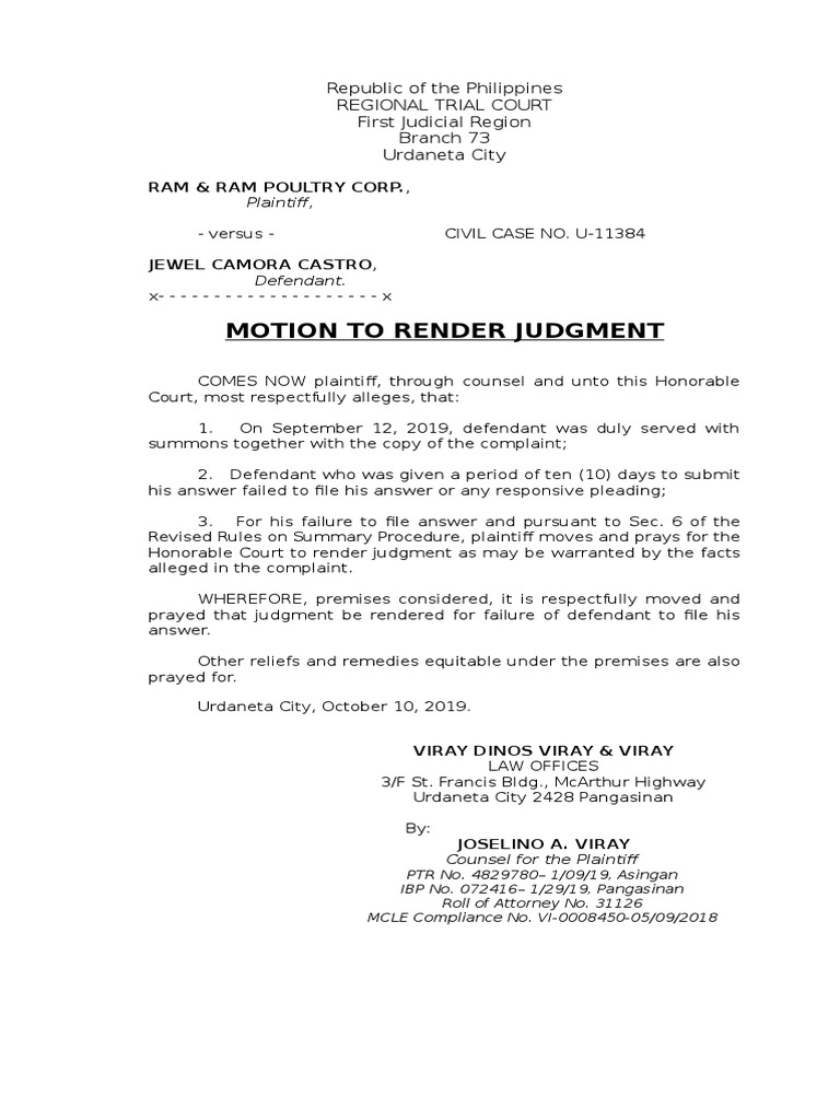 Motion To Render Judgment RAM | PDF | Complaint | Lawsuit