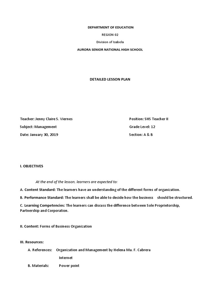 Lesson Plan For Business Management | PDF | Partnership | Corporations