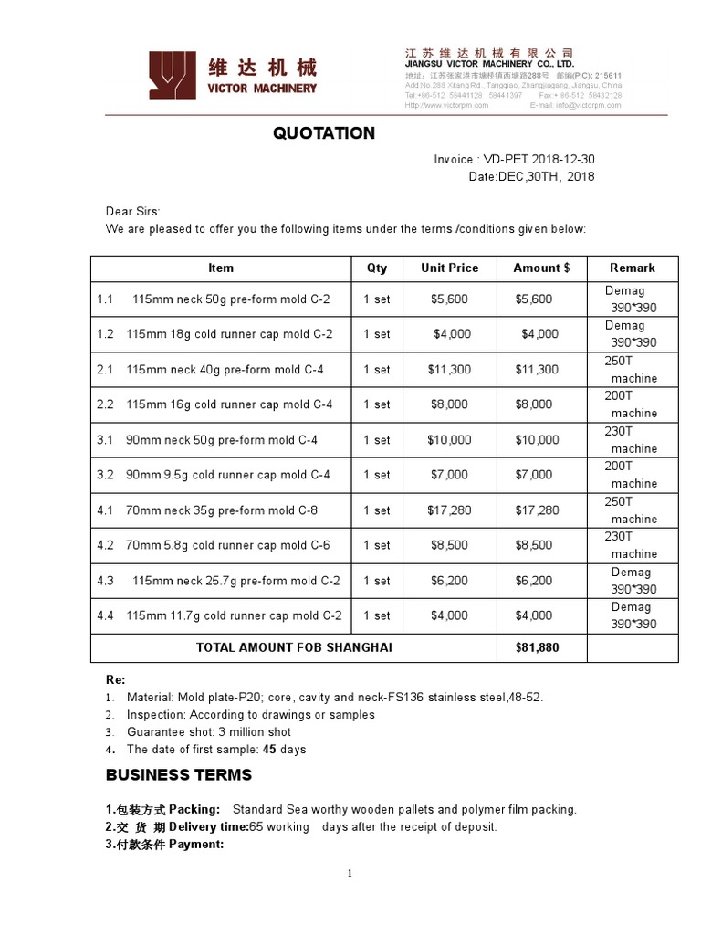 QUOTATION-PET Preform 2018-12-30 | PDF | Banking | Services (Economics)