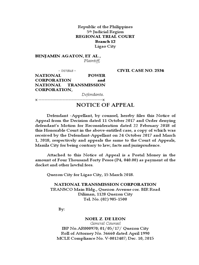 Notice of Appeal - Agaton | PDF | Lawsuit | Lawyer