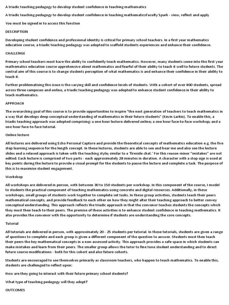 A Triadic Teaching Pedagogy To Develop Student Confidence in Teaching ...