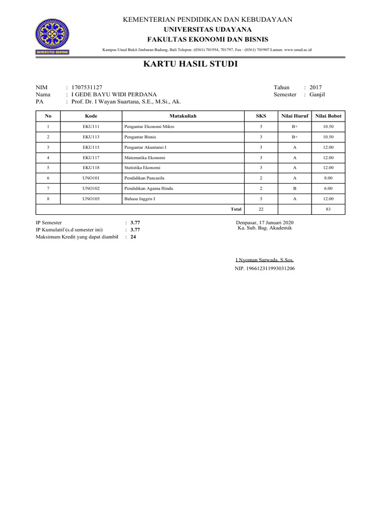 Kartu Hasil Studi I Gede Bayu Widi Perdana | PDF