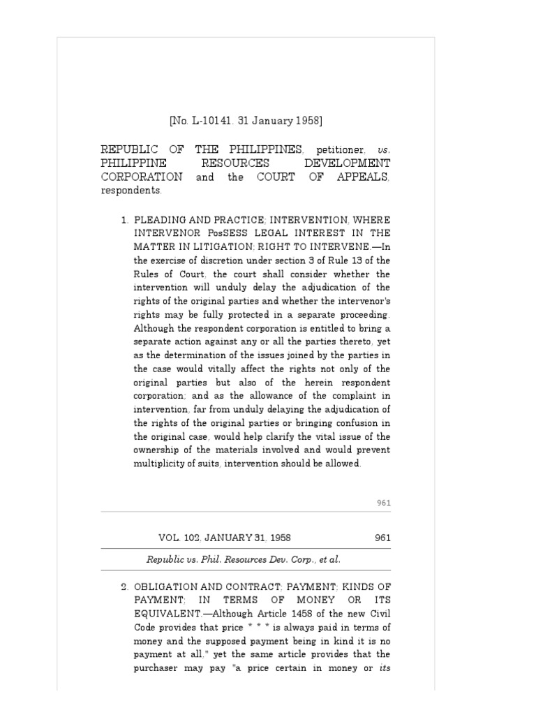 Republic vs. Phil. Resources Dev. Corp., Et Al. 102 Phil. 960, January ...