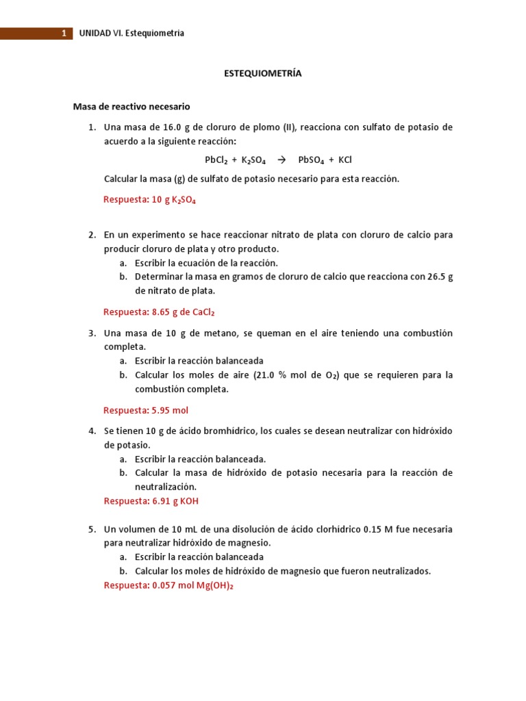 Cálculos Estequiométricos en Reacciones Químicas | PDF | Estequiometría | Ácido