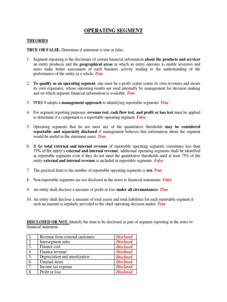 Segment Reporting: True or False Quiz | PDF | Revenue | Expense
