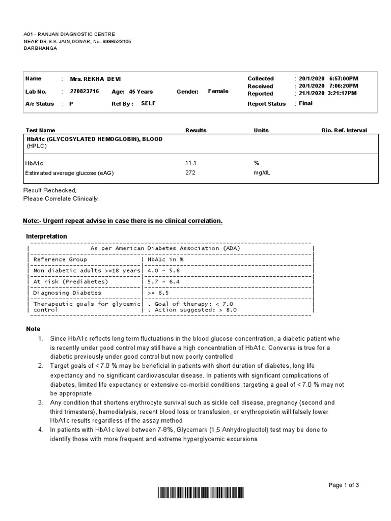 Mrs. Rekha Devi's lab test results indicating prediabetes and high ...