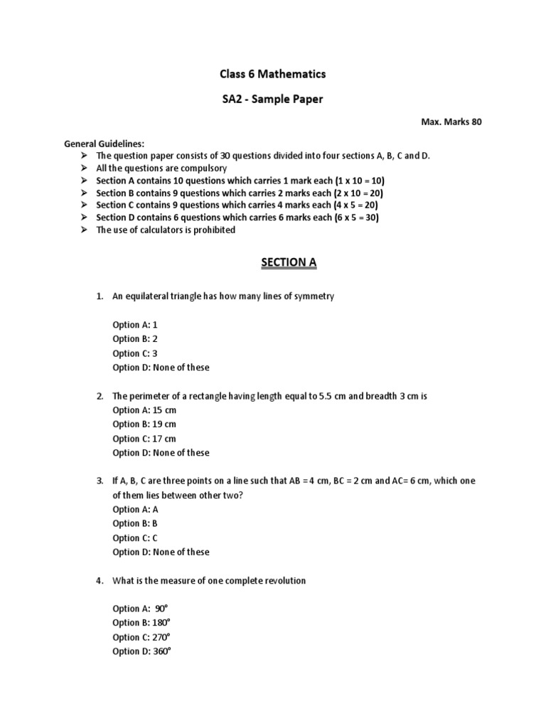 CBSE Sample Paper For Class 6 Maths | Download Free PDF | Integer ...
