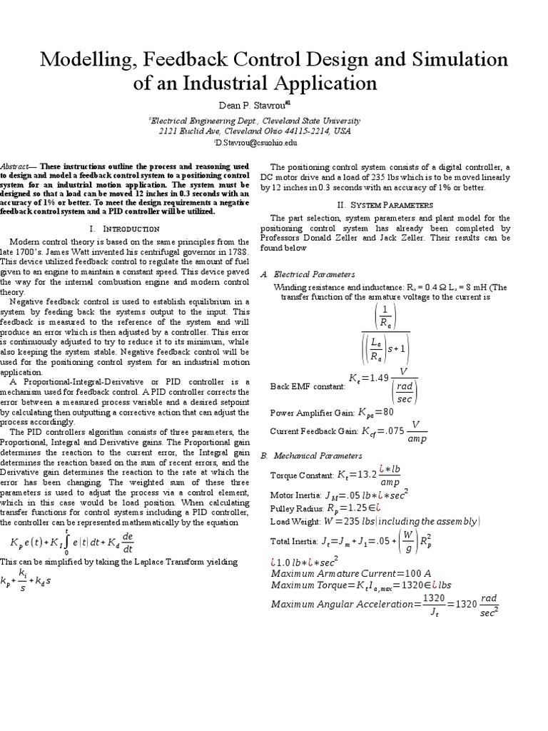 Modelling, Feedback Control Design and Simulation of An Industrial ...