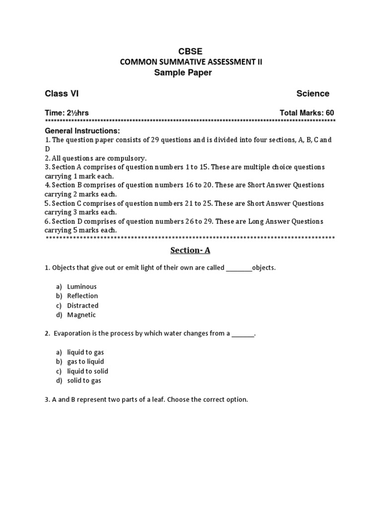 CBSE Sample Paper For Class 6 Science | PDF | Atmosphere Of Earth | Carbon