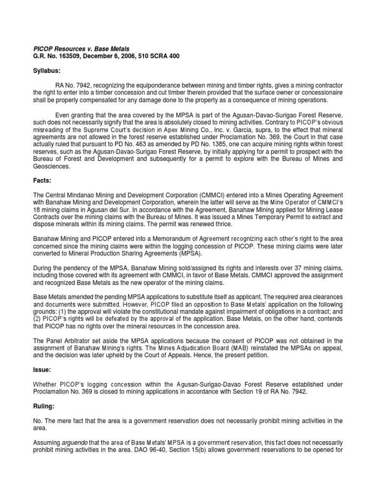 PICOP Resources v. Base Metals | PDF | Mineral Rights | Mining