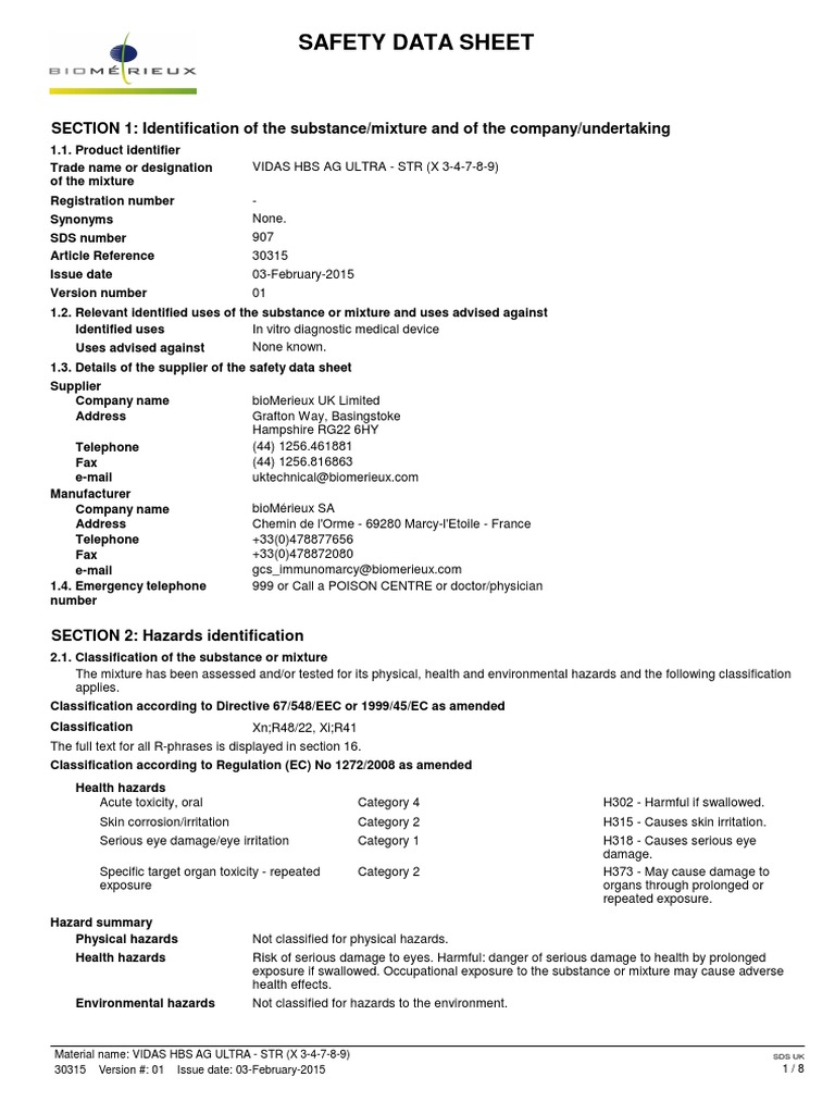 MSDS - Europe - 907 - 02 - en - 30315 - UK HbsAg Ultra | PDF | Toxicity | Personal Protective ...