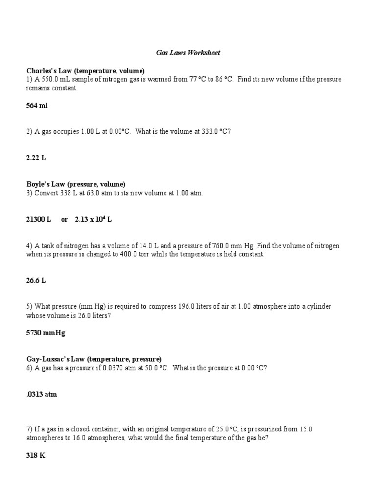 Gas Laws Worksheet With Keys Grade 10 | PDF