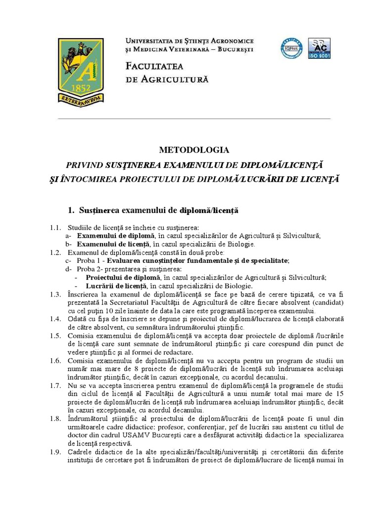 Metodologie Sustinere Examen Diploma-Licenta Si Elaborare Proiect ...