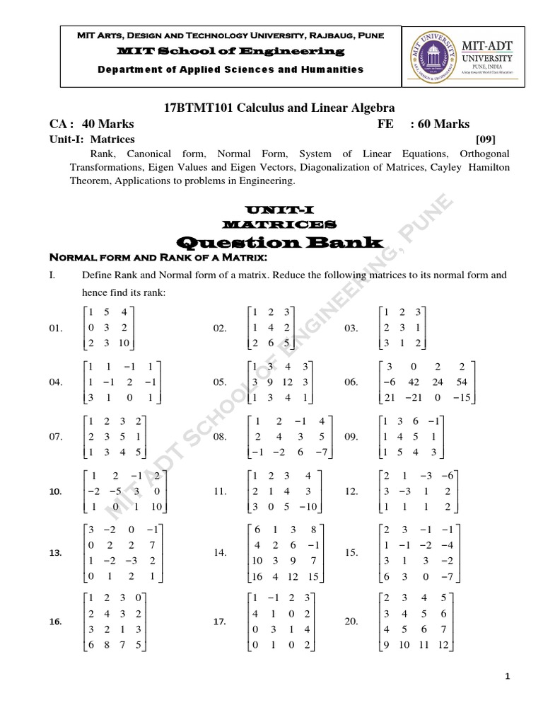 CLA Unit I Matrices QB Student | PDF | Eigenvalues And Eigenvectors | Matrix (Mathematics)