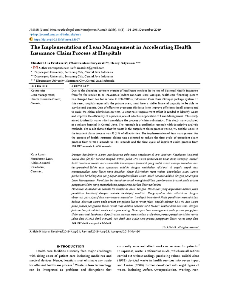 Lean Manajemen, Health Insurance Claim. Casemix | PDF | Lean Manufacturing | Hospital