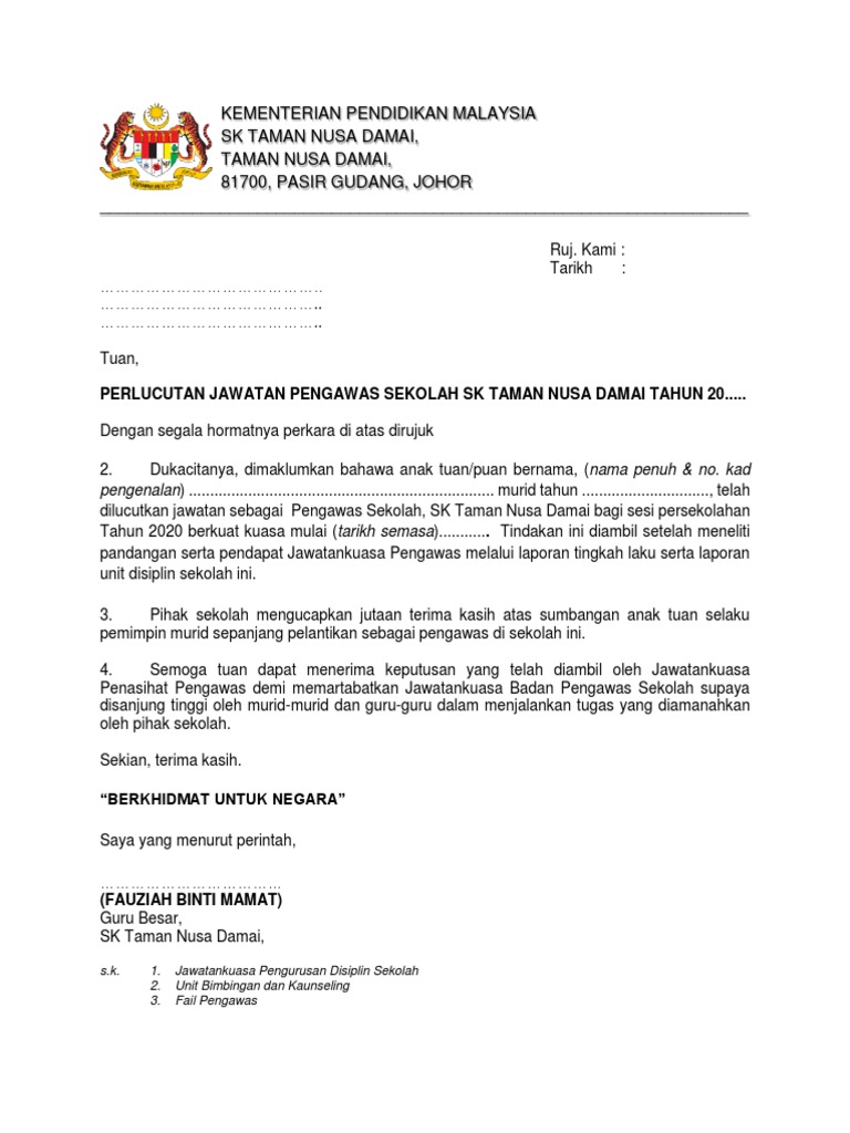 Surat Perlucutan Jawatan Pengawas | PDF