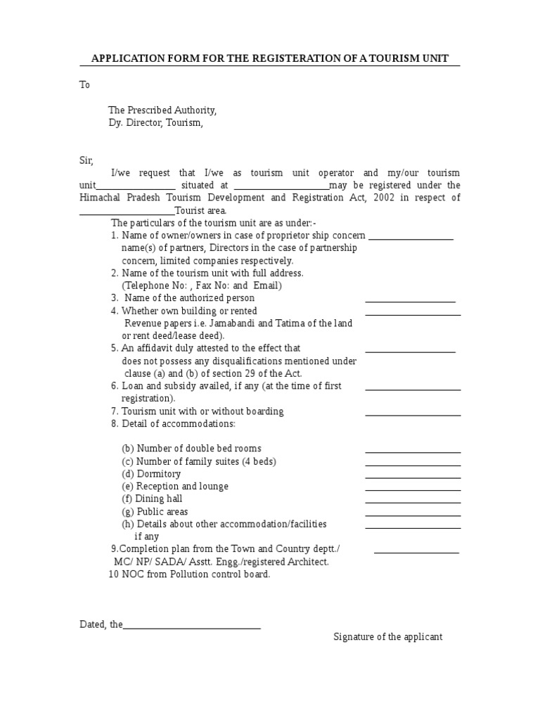 Application Form For The Registeration of A Tourism Unit | PDF ...
