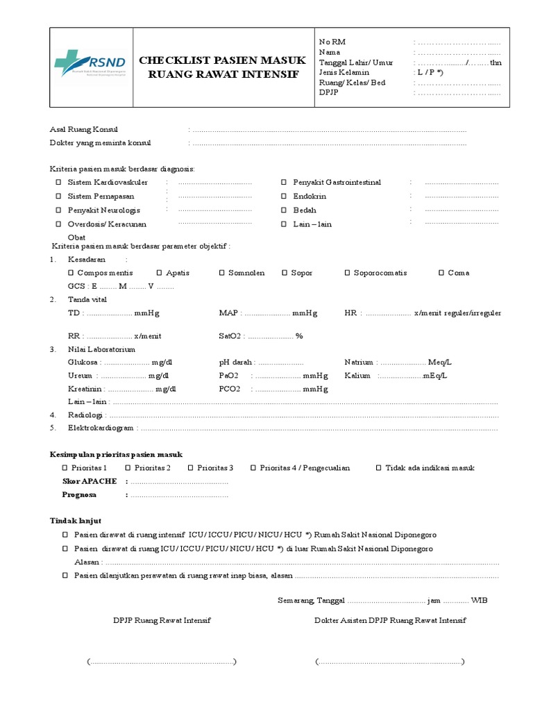 Checklist Pasien Masuk dan Keluar ICU | PDF