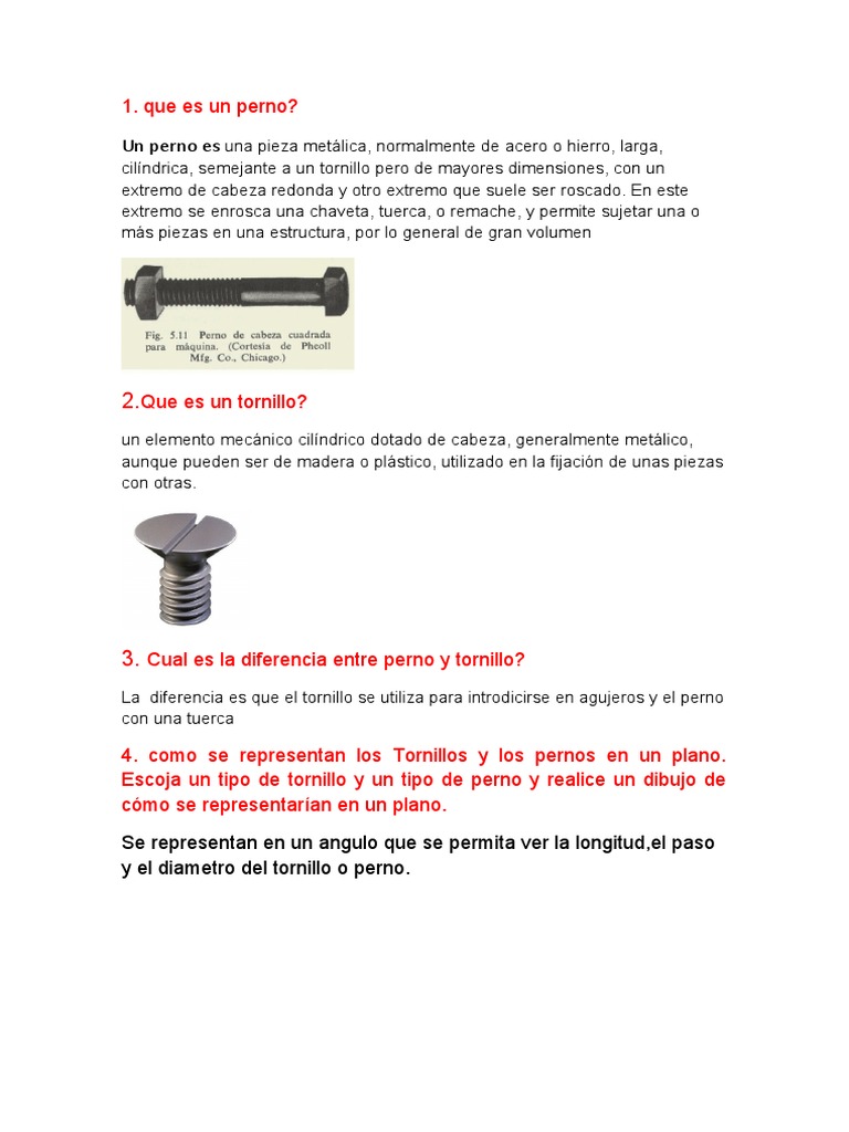 Diferencias entre pernos y tornillos | PDF | Tornillo | Ingeniería mecánica