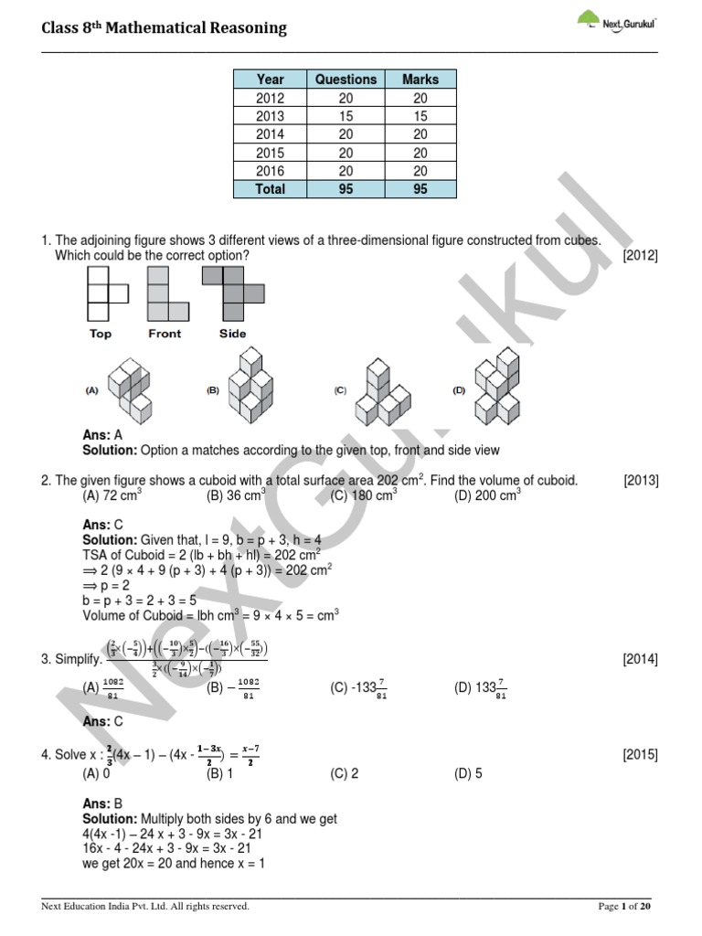 Class 8 Maths Olympiad Mathematical Reasoning Previous Years Papers ...