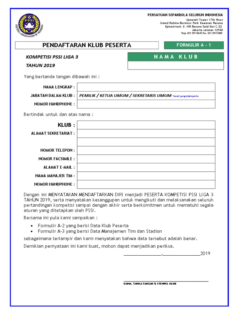 Formulir Pendaftaran Liga 3 Tahun 2019 | PDF