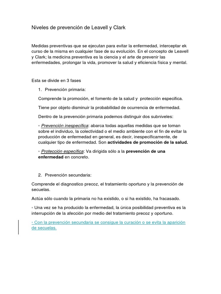 Niveles de Prevención de Leavell y Clark | PDF
