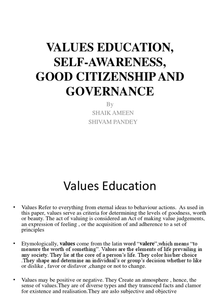 Values Education, Self-Awareness, Good Citizenship and Governance PDF ...