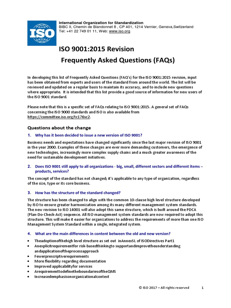 ISO9001 2015 Frequently Asked Questions | PDF | Iso 9000 | Quality ...