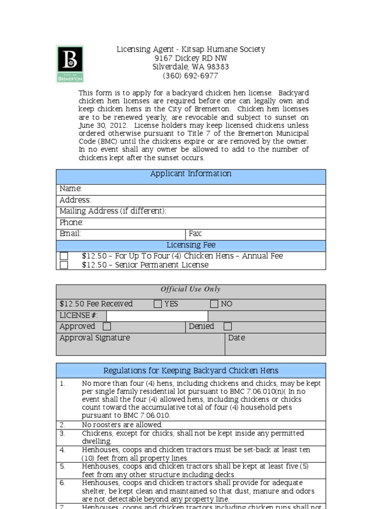 Backyard Chicken Hen License Application | PDF | Chicken | License