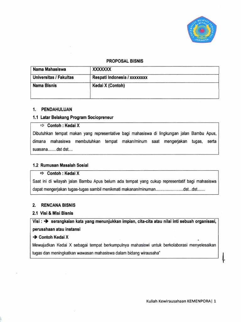 Format Proposal Kuliah Kewirausahaan BMC Kemenpora PDF | PDF