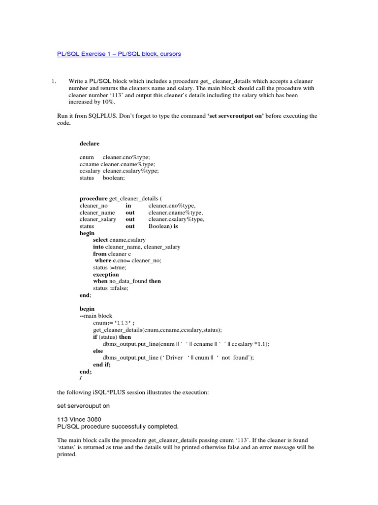 PLSQL Ex1 Soln | PDF | Pl/Sql | Data